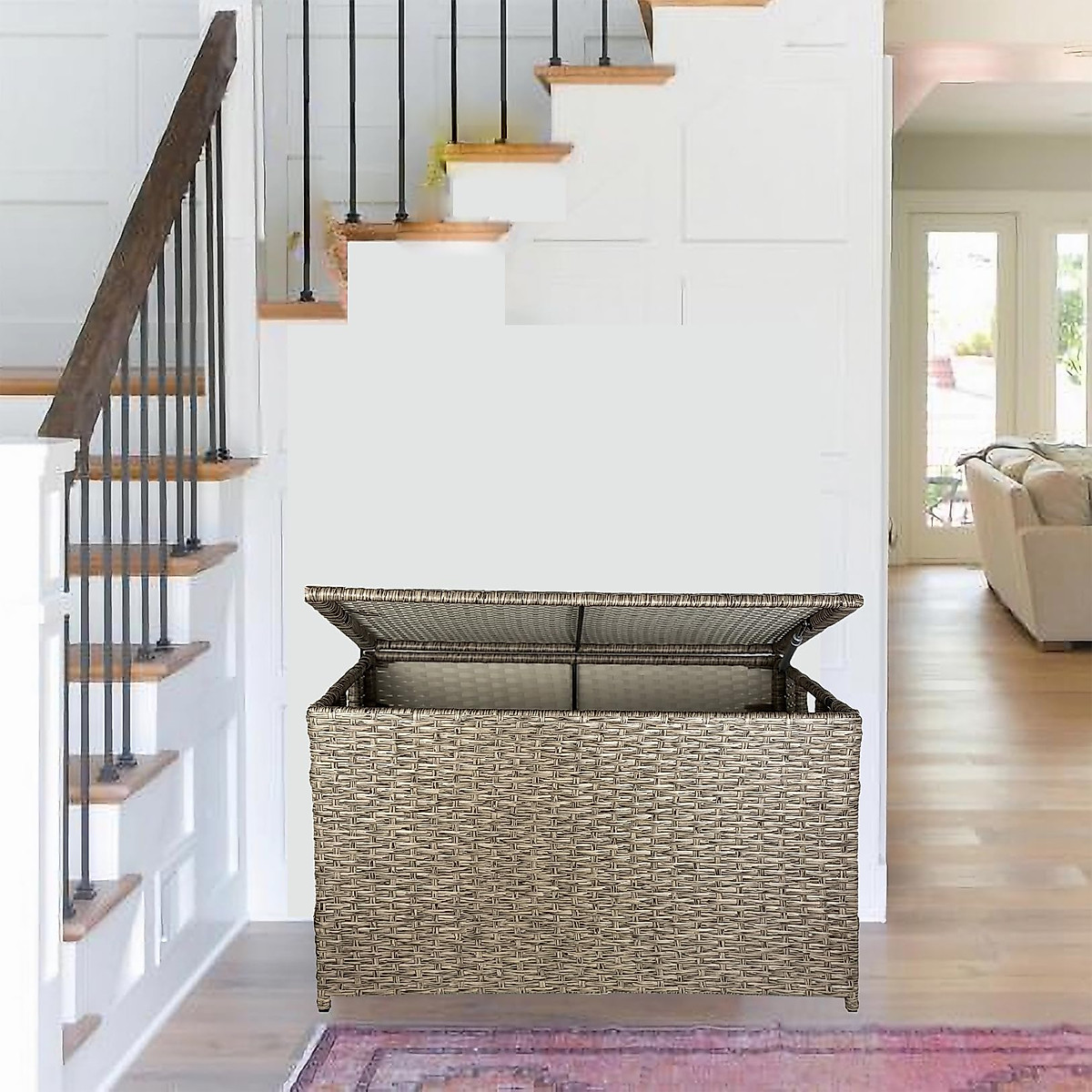 MOORLITER Wicker Storage Trunk, 42.3 Gallon (160L) Handwoven Wicker Chest, Large Wicker Basket with Lid, Wicker Trunk with Safety Hinge, Support 200 lbs, Rustic Brown