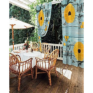 Outdoor Curtains for Patio 2 Panels Set Honey Bee Beehive Under Branch Blue Wooden Plank Waterproof Privacy Outside Curtain Sun Blocking Grommet Drapes for Porch Gazebo Pergolas Balcony 52x108 Inch
