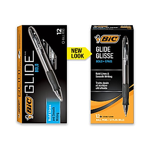 BIC Glide Bold Black Ballpoint Pens, Bold Point (1.6mm), 12-Count Pack, Retractable Ballpoint Pens With Comfortable Full Grip