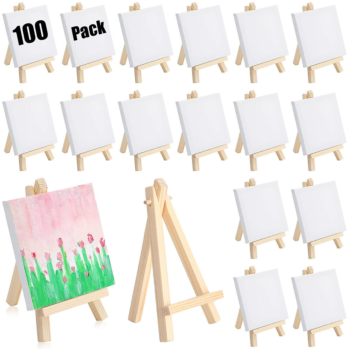 Fuutreo 200 Pcs Mini Canvas and Easel Set 100 Pcs Mini Canvas with 100 Pcs Wooden Easels Mini Stretched Canvas for Painting Canvas Painting Kit for Acrylic Pouring Oil Paint Water Color(4 x 4 Inch)