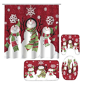 AZHM Christmas Shower Curtain Sets with Non-Slip Rugs Toilet Lid Cover and Bath Mat Snowman Shower Curtains with 12 Hooks 4 Piece Bathroom Decor Set Xmas Gifts for Christmas