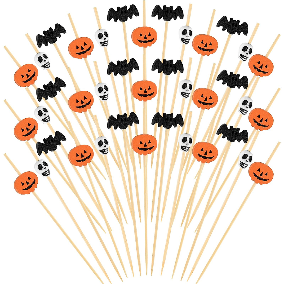 ASTARON 150 Counts Halloween Pumpkin Cocktail Picks for Halloween Party Supplies Wooden Bats and Skull Cocktail Picks 4.7 in Appetizer Picks Fruit Forks for Halloween Decorations