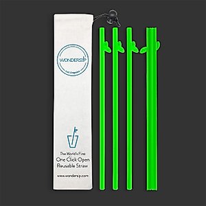WonderSip One-Click Open Reusable Straw for Easy and Effective Cleaning, No Brush Needed! - Glow in The Dark - 4 Straw Pack with Pouch (Leaf Long 10.5")