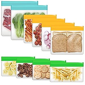 FEXIA 10 Pack Reusable Food Storage Bags (2 Reusable Freezer Gallon Bags, 4 Reusable Sandwich Bags & 4 Reusable Snack Bags) Free Leakproof Ziplock Stash Bags for Food Meat Fruit Veggies