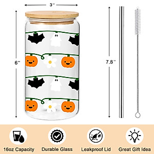 Lovearth Halloween Pumpkin Ghost String Lights Cup, Fall Cup, Halloween Bats Cup, 16oz Halloween Glass Cup with Lid & Straw, Spooky Gifts, Halloween Gifts for Women, Men, Teens, Halloween Lovers