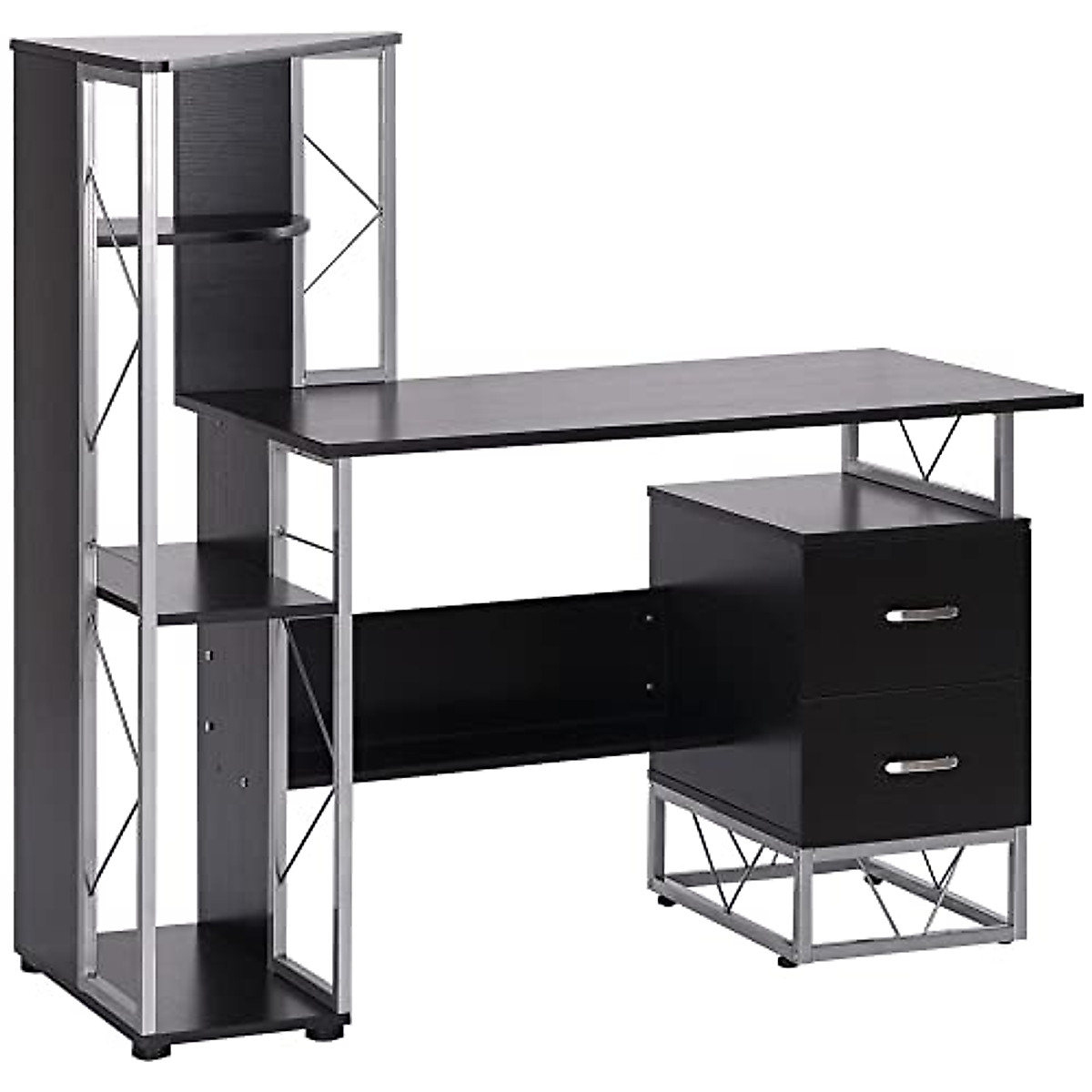 HOMCOM 52" Modern Computer Desk with Storage Shelves and Drawers, Home Office Desk, Study Workstation with CPU Stand, Black