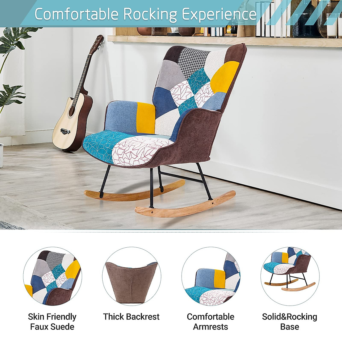 DNAKE Rocking Chair Tufted Upholstered Rocking Chair for Nursery,Comfy Wingback Glider Rocker with Safe Solid Wood Base for Living Room Bedroom Balcony