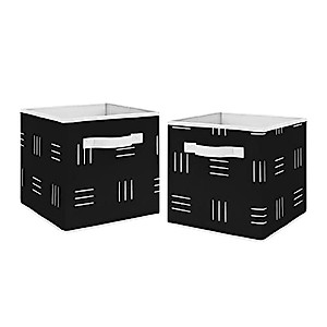 Sweet Jojo Designs Black and White Boho Mudcloth Foldable Fabric Storage Cube Bins Boxes Organizer Toys Kids Baby Set of 2 Bohemian Woodland Tribal Southwest Geometric Mud Cloth Hatch Triple Line