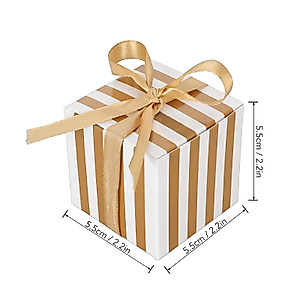 Restokki 50Pcs Mini Gift Boxes 2.2in Squared Gold Stripes Easy Assembly Gift Wrapping Box with Ribbons for Party Wedding Birthday Christmas Party