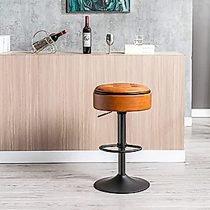 Round Storage Bar Stool Set of 2,Faux Leather Height Adjustable Barstool, 360°Counter Height Swivel Stool, Armless Bar Chair with Metal Frame for Kitchen Counter Dining Living Room Whiskey Brown