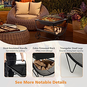 Tangkula Outdoor Fire Pit with Wheels and Firewood Log Rack, Patio Wood ...