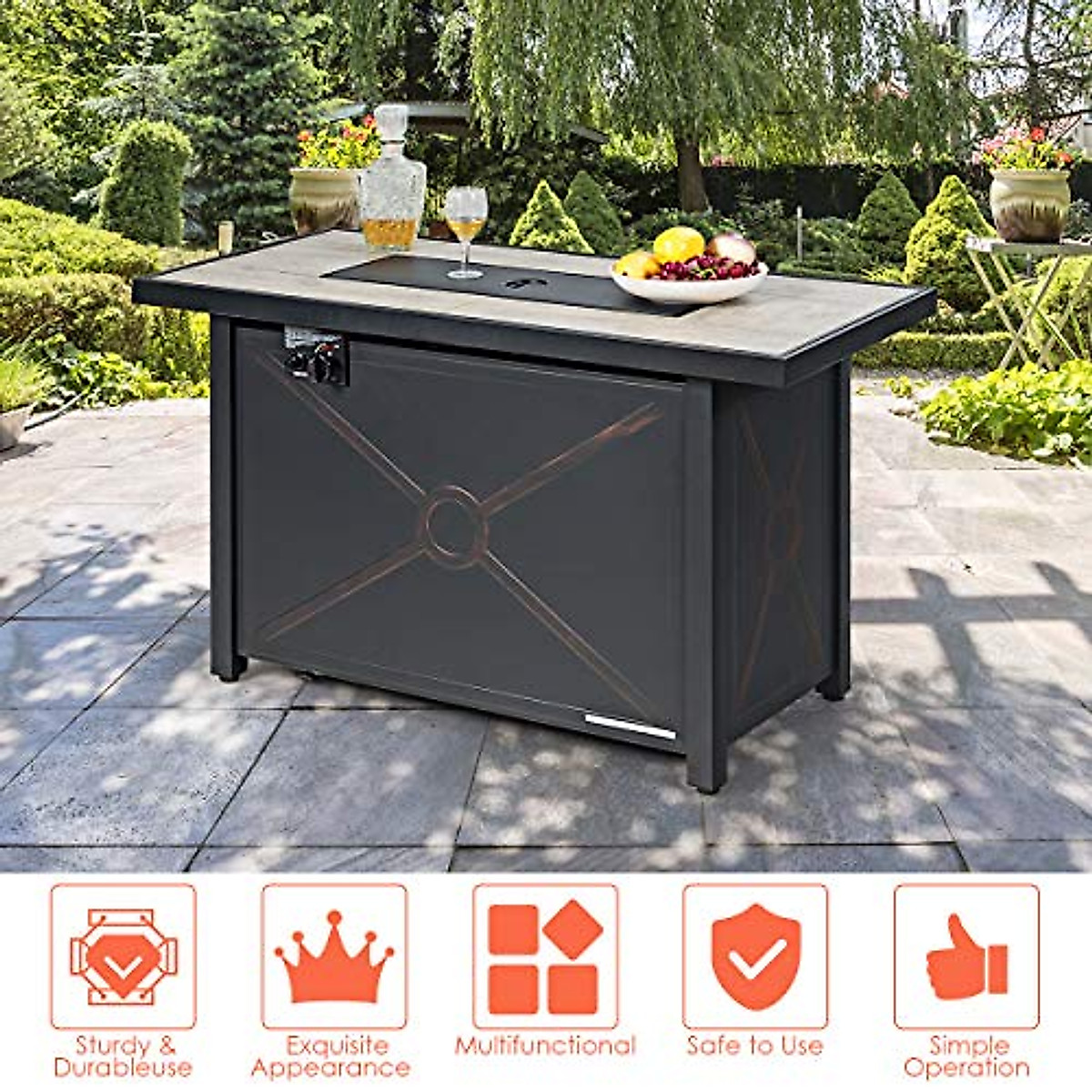Giantex Gas Fire Pit Table w/Ceramic Tabletop, 42 Inch 60,000 BTU Rectangular Propane Fire Pit Table, Outdoor Electronic Ignition Propane Heater w/Table Cover, Waterproof Cover, Lava Rock