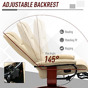 HOMCOM Faux Leather Manual Recliner, Adjustable Swivel Lounge Chair with Footrest, Armrest and Wrapped Wood Base for Living Room, Cream White