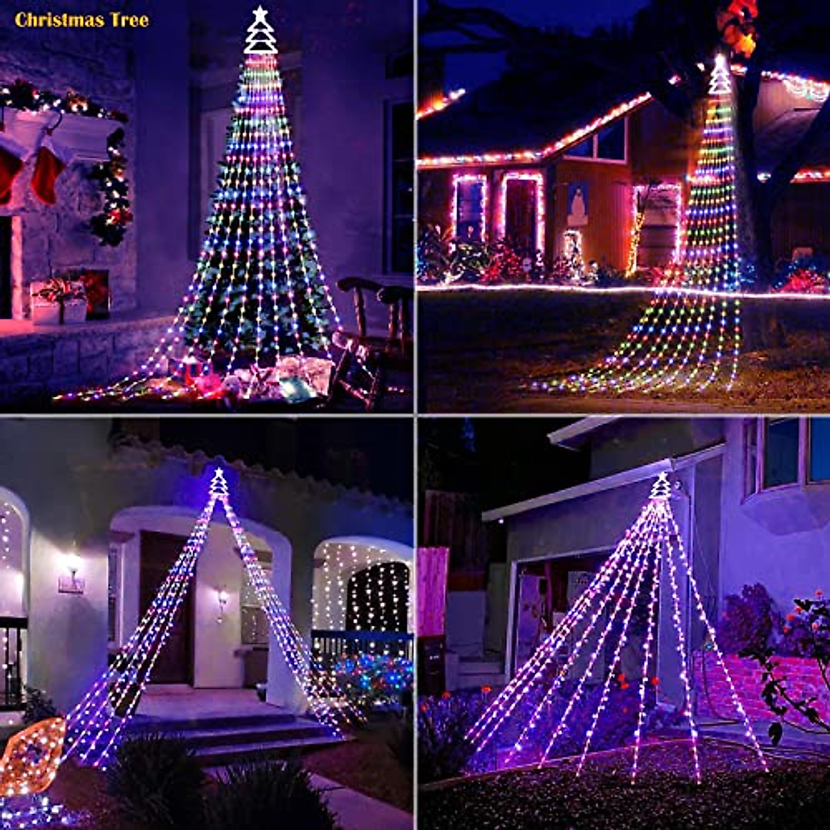 Outdoor Christmas Decorations Star String Lights 420 LED Waterproof Waterfall Lights with Christmas Tree Topper, Gorrzai 8 Lighting Modes String Lights for Tree Yard Patio Garden Party (Multi-Colored)