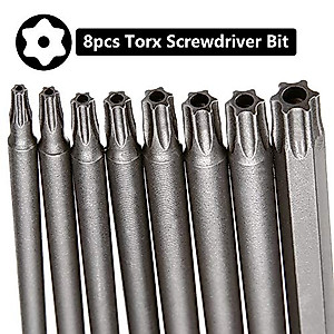 Saiper 8 Pieces 1/4 Inch Hex Shank Torx Security Head Screw Driver Bit Magnetic Star S2 Steel Screwdriver Set Bits T8-T40, 150mm/6 Inch Long