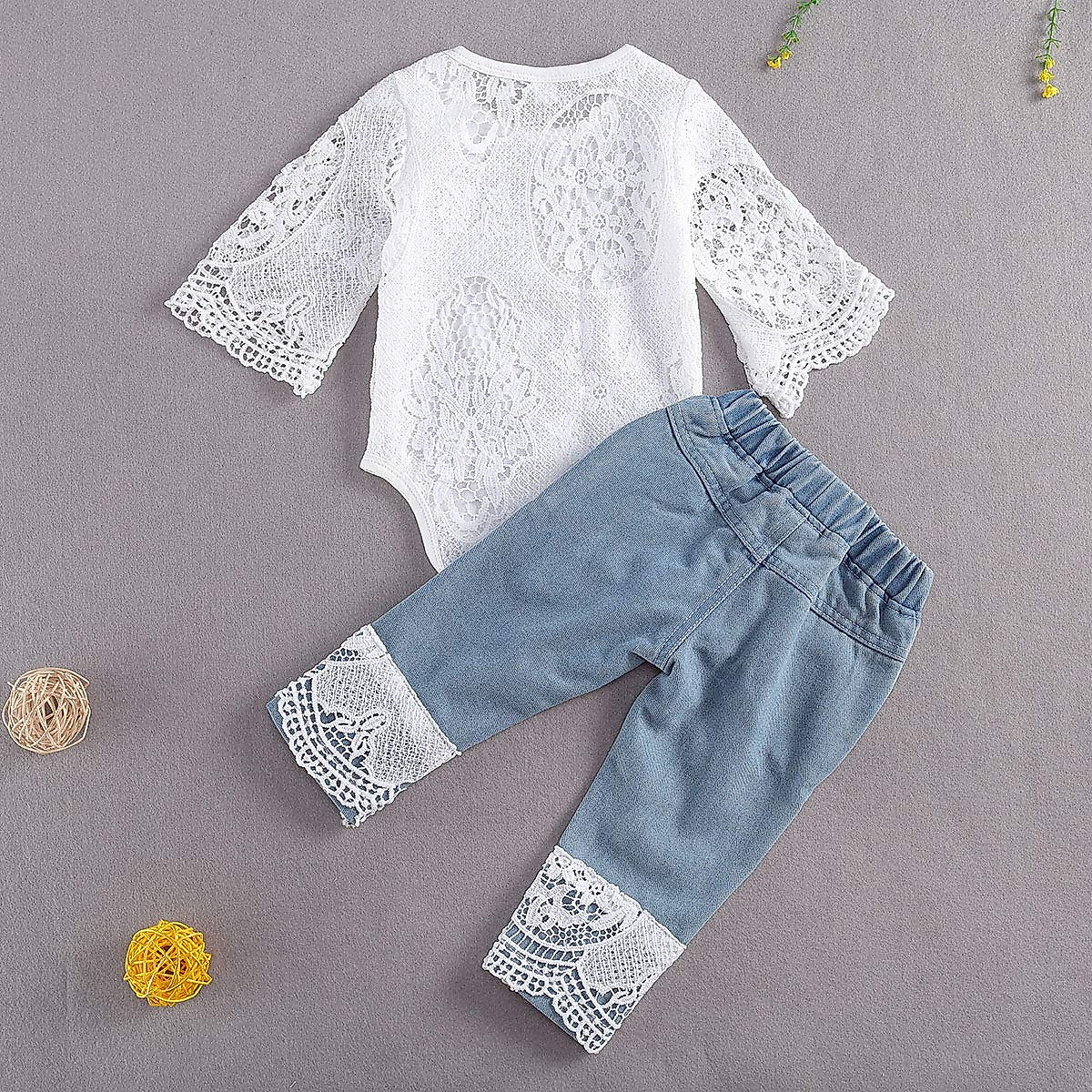 AvoDovA Baby Girls Pants Set Ruffles Sleeve Lace Romper + Denim Ripped Jeans Outfits (White,6-12 Months)