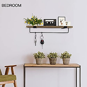 Vppiis Floating Shelves for Bedroom Bathroom, Nature Wood Wall Mounted Book Shelf, Wall Shelves Storage for Living Room Kitchen Office with Towel Rack and 2 Hooks Set of 4