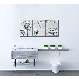 Zlove 3 Pieces Bathroom Canvas Wall Art Teal Dandelion with Some See a Weed Some See a Wish Inspirational Quote Flower Artwork on Wood Background For Home Bedroom Decor Stretched and Framed Ready to Hang 12"x16"x3pcs