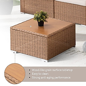 LAUSAINT HOME Outdoor Patio Furniture, 7 Piece Patio Furniture Set PE Rattan Sectional Conversation Sets with Thick Cushions & Wood-Like Coffee Table for Garden, Porch(Beige/Brown Wicker)