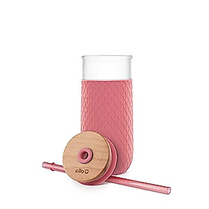 Ello Devon Glass Tumbler with Splash Proof Wooden Lid and Straw, Protective No Sweat Silicone Sleeve, Perfect for Smoothies and Iced Coffee, BPA Free, Dishwasher Safe, Multicolor, 18oz
