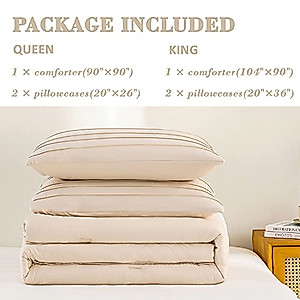 ALEISSEL Stripes Blush Beige Comforter Queen Size,Pleated Queen Comforter Set Lightweight, Ultra-Soft Beige Bedding Set Queen Size 3 Pcs, Down Alternative Comforter Set(Blush Beige,Full/Queen90 x90)
