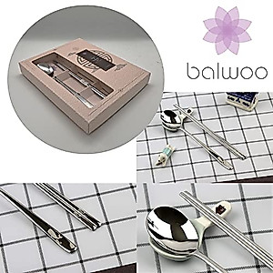 BALWOO Whale Design Korean Traditional Table Sticky Rice Spoon and Chopsticks Mukbang Cutlery 430 Stainless Steel