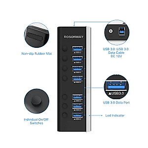 USB Hub 3.0 Powered Rosonway Aluminum 7 Ports USB 3.0 Data Hub Splitter with 24W (12V/2A) Power Adapter and Individual On/Off Switches USB Port Expander for PC and Laptop (RSH-A37S)