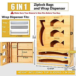 6 Slots Bamboo Wall mountable Ziplock Bag Storage Organizer and Foil & Plastic Wrap Dispenser with Cutter, for Kitchen Drawer, Counter Top, Pantry, Compatible with Gallon, Quart, Sandwich, Snack Bag
