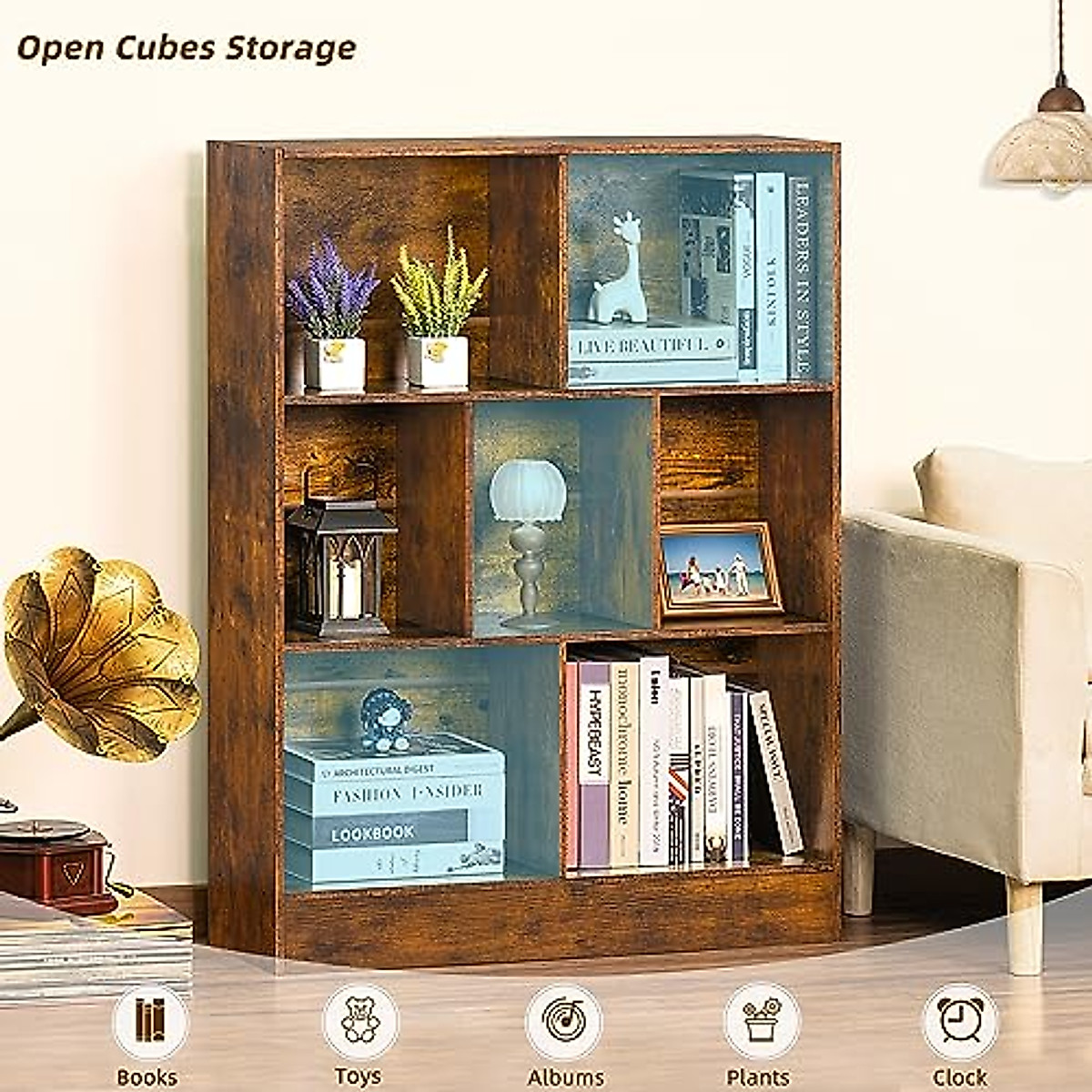 LEYAOYAO 7 Cube Bookshelf with Base,3 Tier Mid-Century Modern Brown Bookcase,Standing Wide Bookshelves Storage Organizer Shelf,Rustic Wood Display Cabinet Book Shelves for Bedroom,Living Room,Office