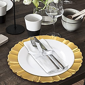 Cedilis 12 Pack Gold Plastic Charger Plates, 13 Inch Round Charger for Dinner Plate, Fluted Edge Charger Plates for Wedding Party Decoration