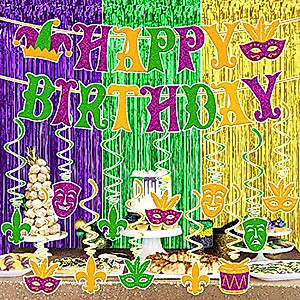 Mardi Gras Birthday Decorations Carnival Happy Bday Banner Green Gold Purple Foil Curtains Backdrop Hanging Swirls Decor Fat Tuesday New Orleans Masquerade fleur de lis Theme Festival Party Supplies