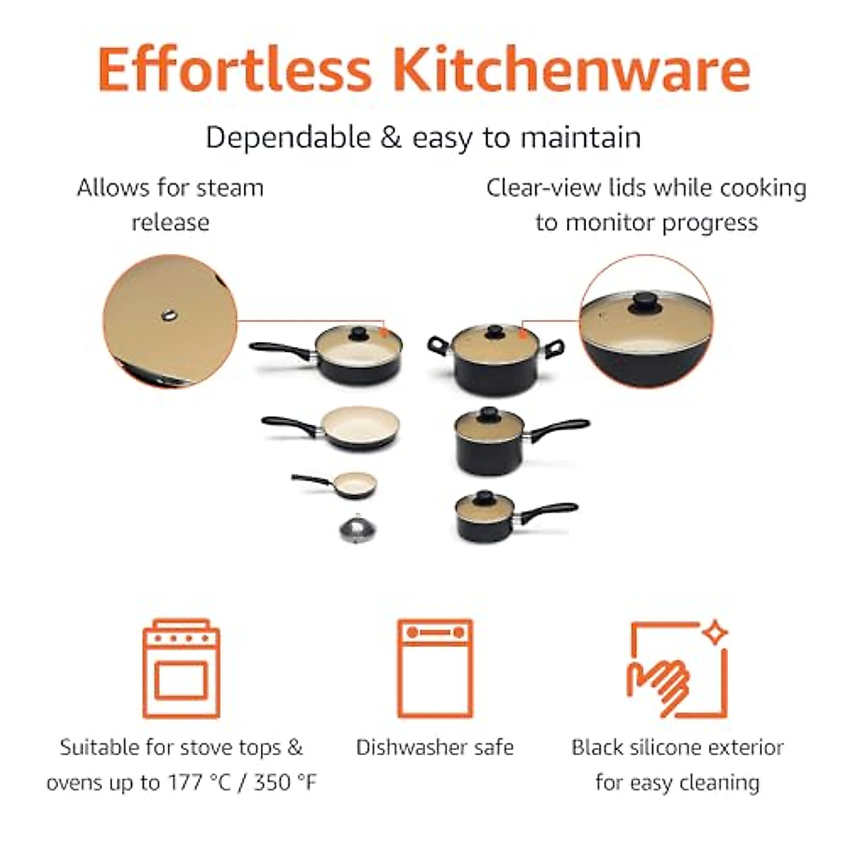 Amazon Basics 11-Piece Ceramic Non-Stick Pots and Pans Set, Dishwasher & Oven Safe, Non-Toxic, Easy Clean, Black/Cream