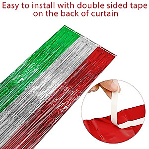 3 Packs 3.3ft x 6.6ft Christmas Foil Fringe Curtains Christmas Party Decoration Red Silver Green Tinsel Foil Fringe Curtains Shiny Metallic Backdrop Photo Booth Props for Christmas Party Supplies