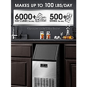Joy Pebble Ice Maker Commercial,100lbs/24H/4,400pcs, 45 Cubes/Cycle,Ice Size Control,24H Timer,Freestanding Ice Maker Machine Under Counter, Ideal for Restaurants, Bars,Offices and Home Parties