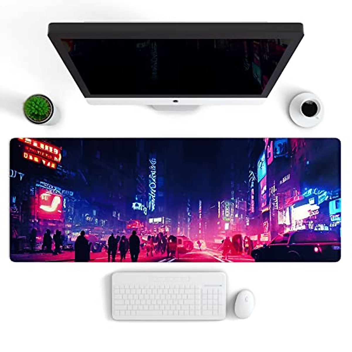 Ovenbird Large Gaming Mouse Pad with Stitched Edges, Cyberpunk Neon City Desk Mat, Extended XL Mousepad with Anti-Slip Base, Cool Desk Pad for Keyboard and Mouse, 31.5 x 11.8 in, Black