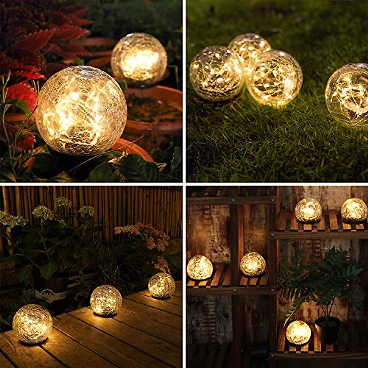 Garden Solar Lights, Cracked Glass Ball Waterproof Warm White LED for Outdoor Decor Decorations Pathway Patio Yard Lawn, 3 Globe (3.9", 4.7", 5.9")