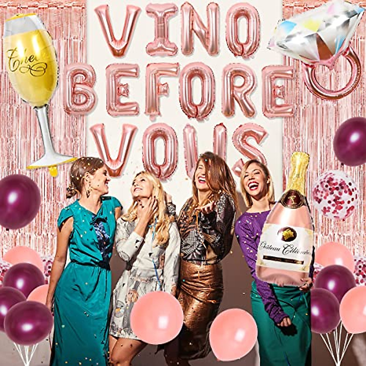 Wine Theme Bachelorette Party Decorations with Vino Before Vows Balloon Banner, Bride to Be Sash, Champagne Bottle Glass Diamond Ring Foil Balloon, Tinsel Foil Fringe Curtain for Bridal Shower Party