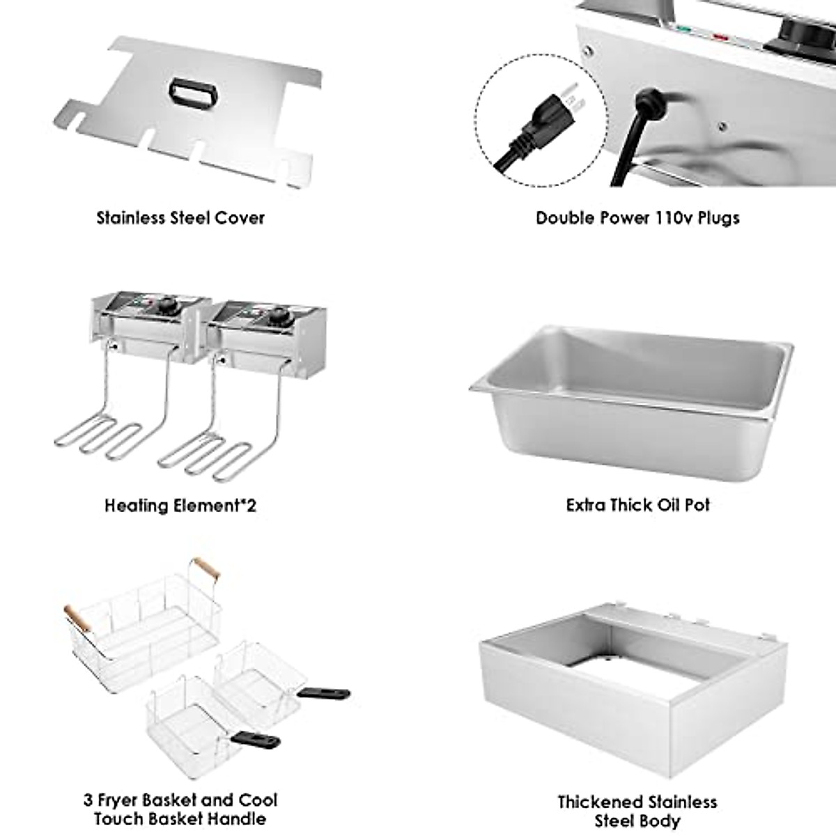 TANGME Commercial Deep Fryer, 3400w Electric Deep Fryer with 3 Baskets, 22L/23.25QT 1mm Thickened Stainless Steel Countertop Oil Fryer with Temperature Limiter for Restaurant and Home Use