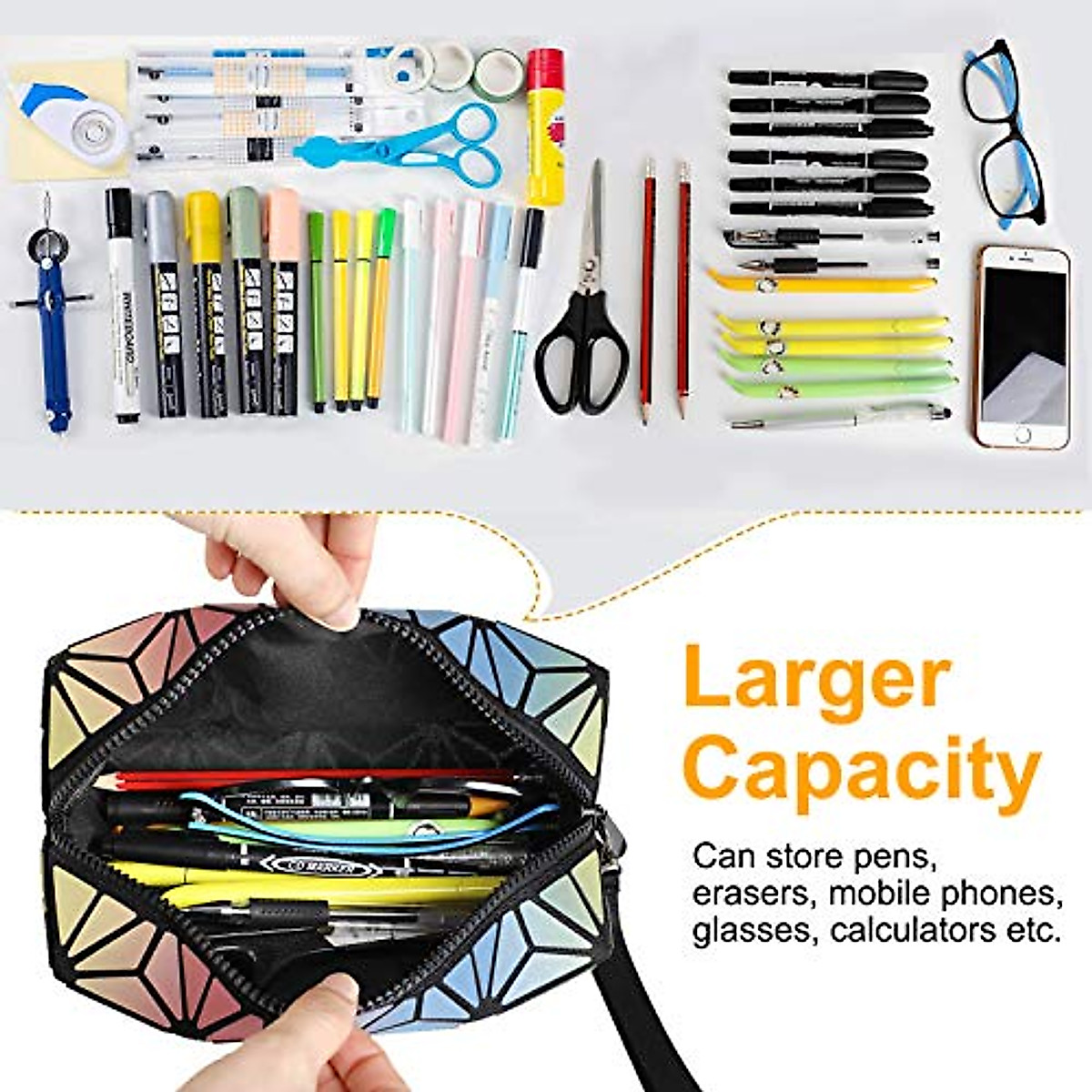 Luminous Pencil Bag Large Capacity Portable Pencil Pouch Geometric Pen Bag Pencil Case Zipper Stationery Bag with Wrist Strap