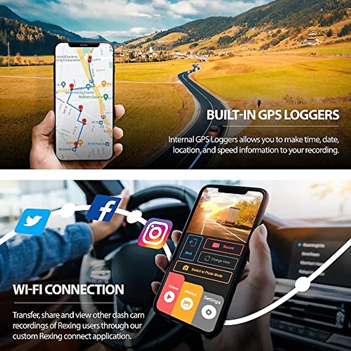 Rexing V1PGW-4K 2.4" LCD 2160p Front + 1080p Rear W/Built-in GPS, Wi-Fi 170° Wide Angle Dual Channel Dashboard Camera Recorder Car Dash Cam with Rear Cam,G-Sensor,WDR,Loop Recording,Mobile App (2022)