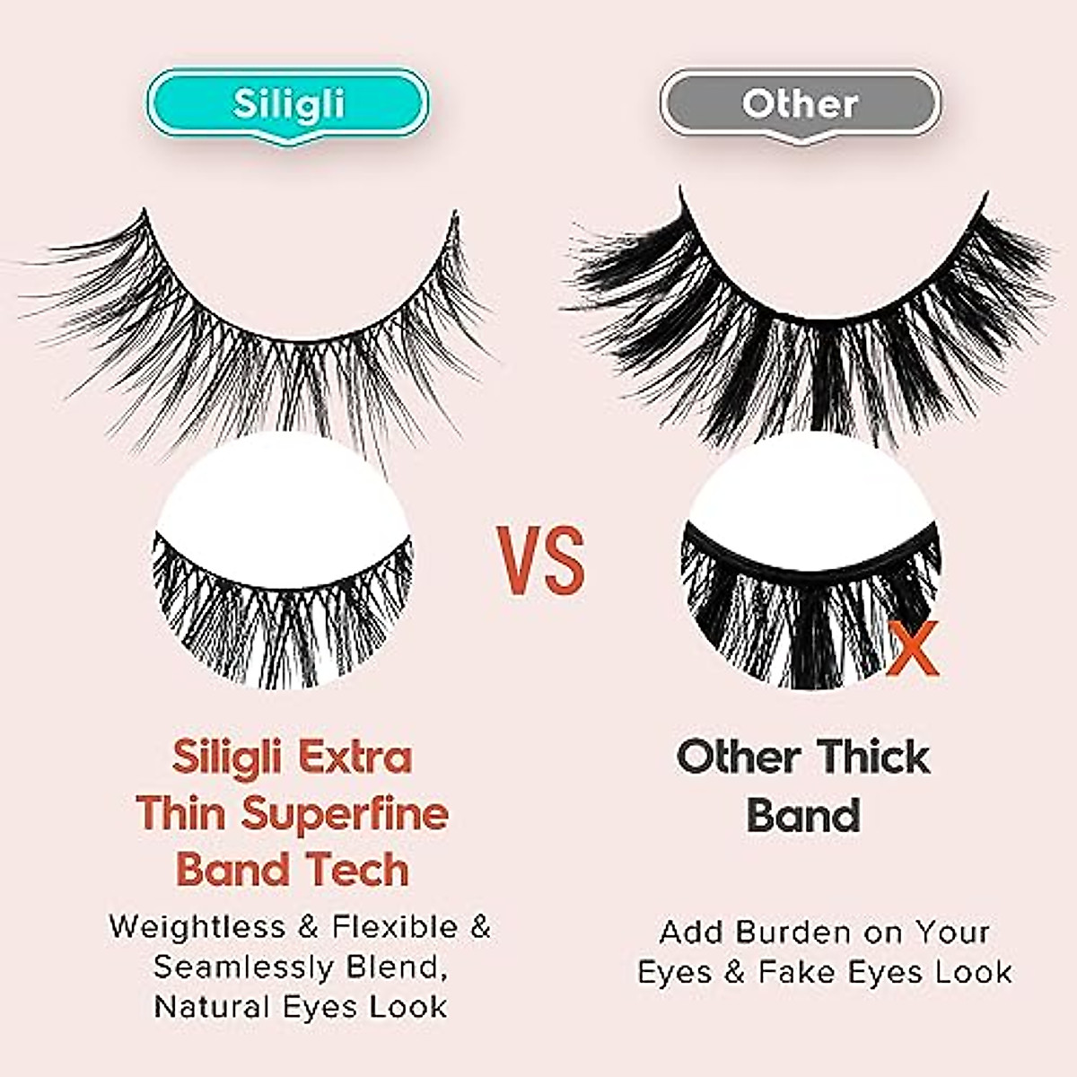 Natural Cat Eyelashes Mink Lashes Wispy Thinner Band 14mm False Eyelashes Natural Look 3D Volume Lashes C Curl Fake Eyelashes 7 Pair Siligli