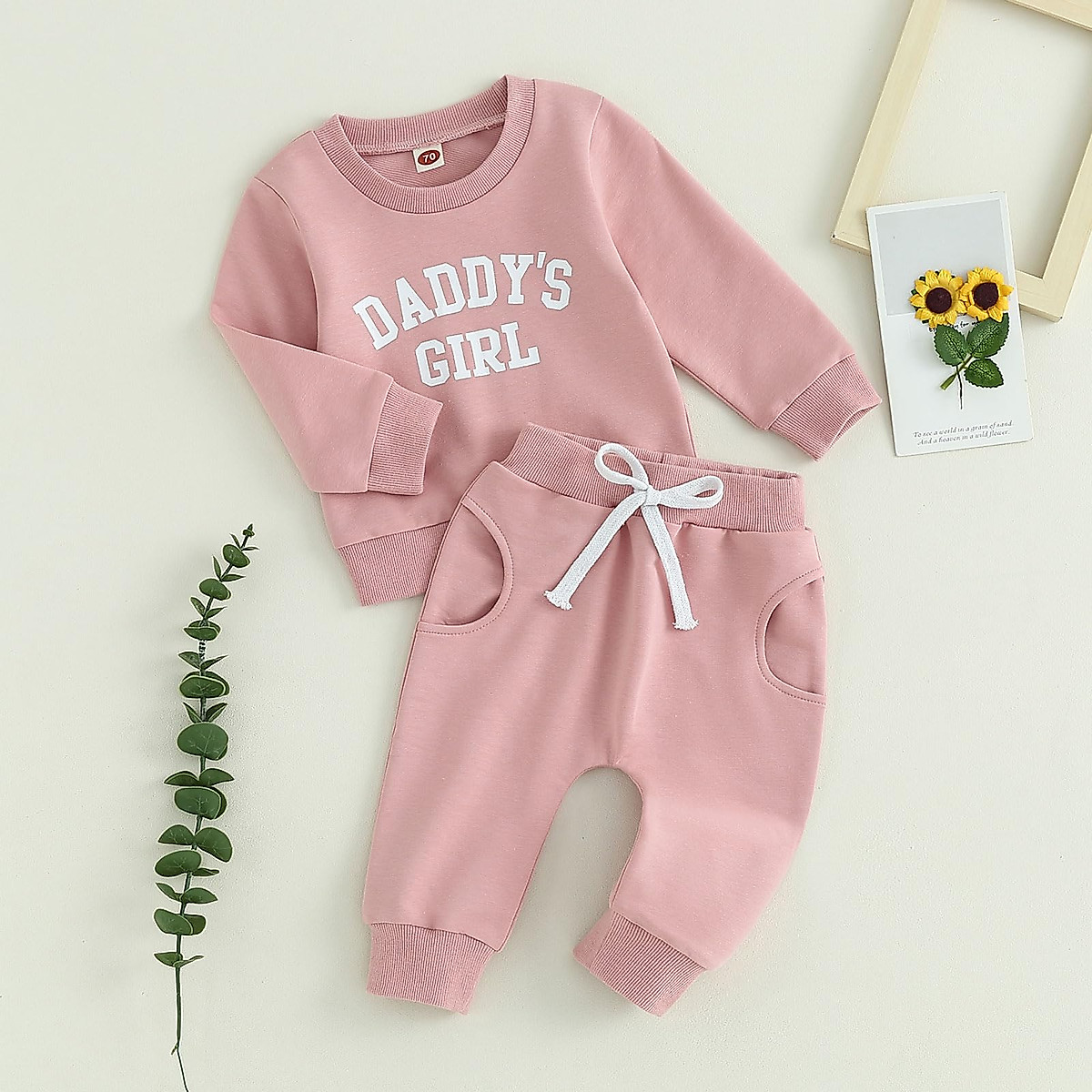 Baby Girl Clothes Daddy Mama Saying Outfits Long Sleeve Fall Winter Infant Toddler Sweatshirt Top Pants Set (Pink, 0-6 Months)
