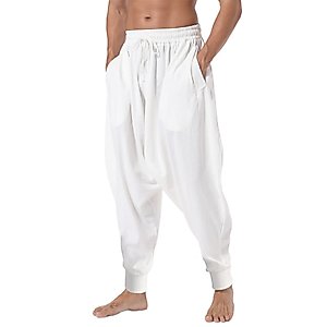 AITFINEISM Men's Drawstring Aladdin Hippie Harem Pants Loose Drop Crotch Trousers (X-Large, White)