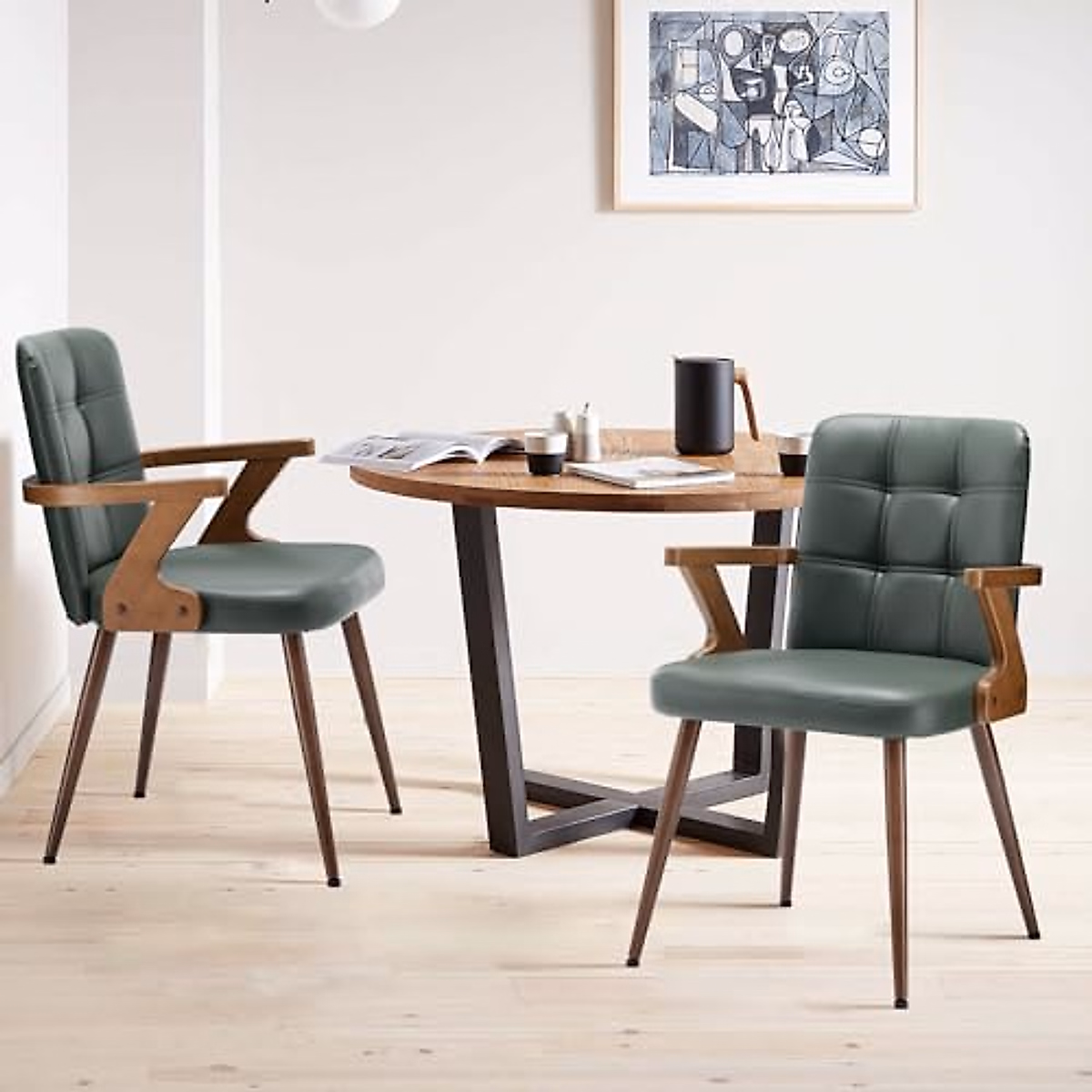 MEKLIBA Dining Chairs Set of 2，Dinner Chairs with Arms and Back，Comfortable Upholstered Dining Chairs,Modern Leather Kitchen Chair for Kitchen and Dining Room (Green)
