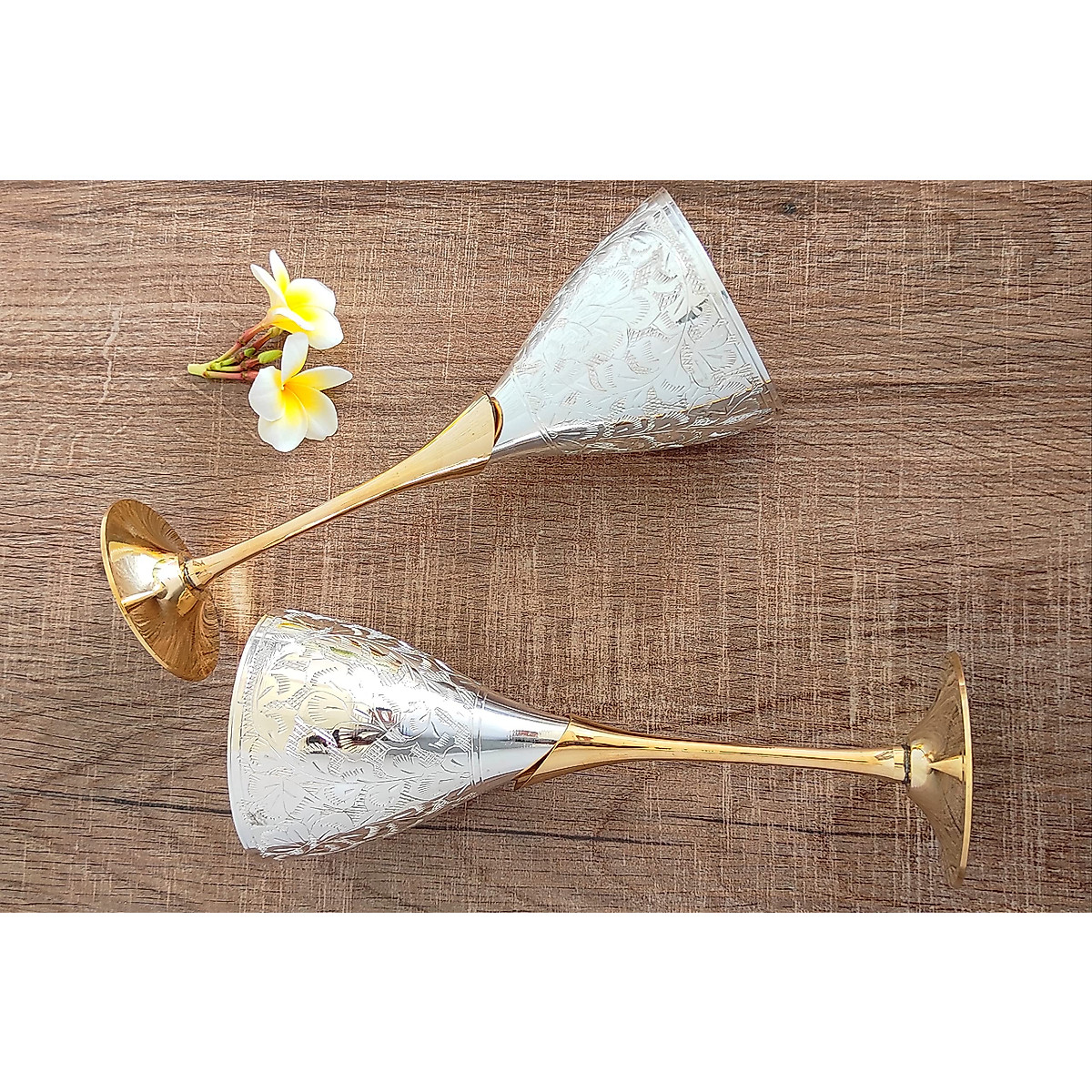 VIBRANIC Wine Glass Handmade Engraved Vintage Silver Plated Brass Champagne curved Fluted Wine Glass Pack of 2