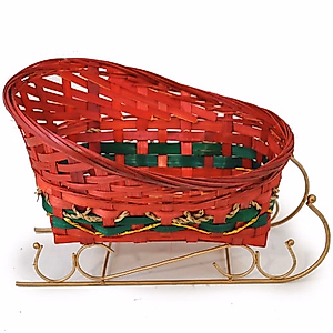 The Lucky Clover Trading Holiday Bamboo Sleigh Large Basket, Red