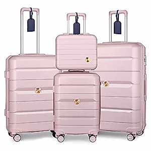 Somago 4 Pieces Luggage Set(14/20/24/28) PP Lightweight 4 Double Rolling Wheels Suitcase With TSA Lock & YKK Zipper Bussiness Trip (Rose Pink)