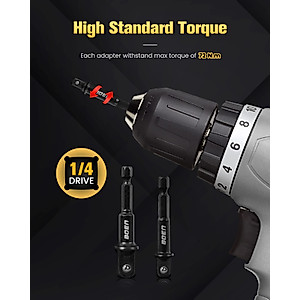 BOEN Impact Grade Socket Adapter Set, 3-PCS Drill Bit Adapter with Bit Holder, Sizes 1/4", 3/8", 1/2", 1/4-Inch SAE Hex Shank, Cr-V with Black Phosphate Finish