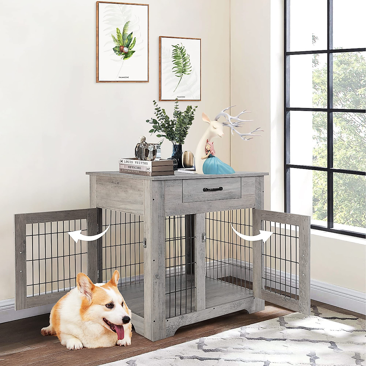 IDEALHOUSE 32 Inch Furniture Style Dog Crates – Chew-Proof Indoor Casual Home Wooden Pet Crate, Indoor Pet Crate Side Table, Wood Look Dog Kennel End Table with Drawer, Grey