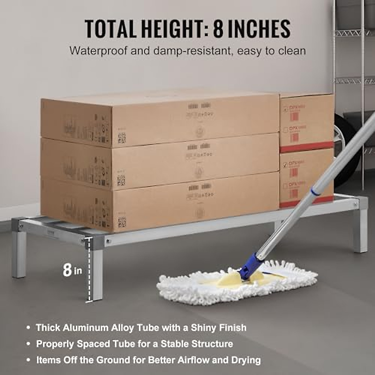 VEVOR Aluminum Dunnage Rack, 48” x 20” Commercial Food Floor Rack, 8” Off The Floor, 1000 lbs Capacity All-Welded Aluminum Storage Rack, for Storage in Restaurants, Kitchens, Garages and Vehicles